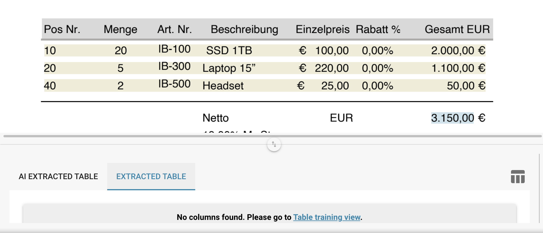 Table Extraction - FellowPRO AG